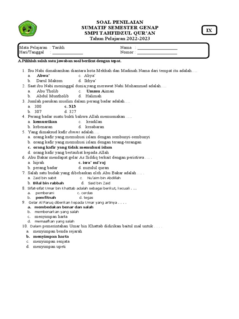 Soal Penilaian Sumatif Kelas Ix SMP | PDF