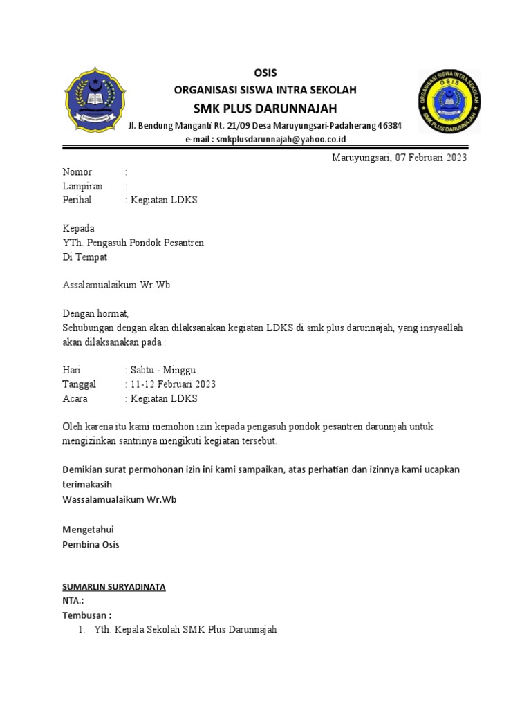 Surat Permohonan Izin Pondok | PDF