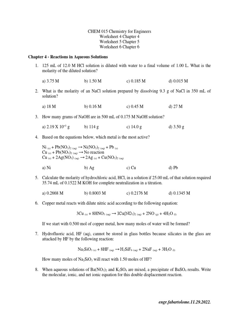 Chemical Engineering Molarity Calculations | PDF | Gases | Mole (Unit)