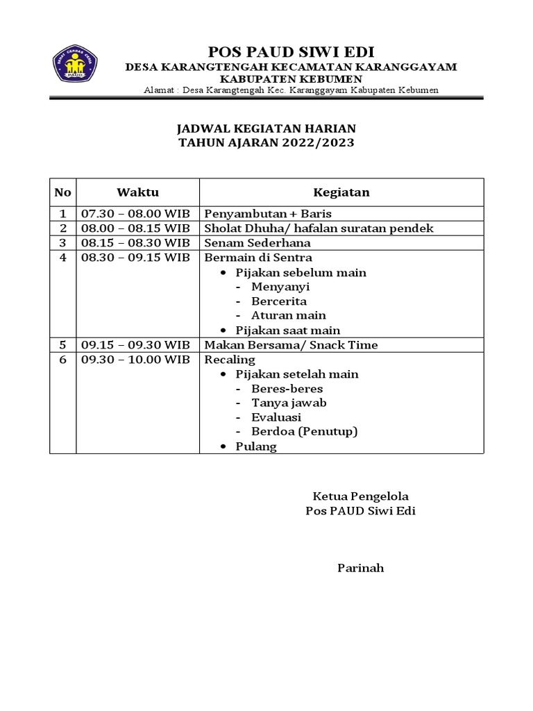 Jadwal POS PAUD SIWI EDI | PDF