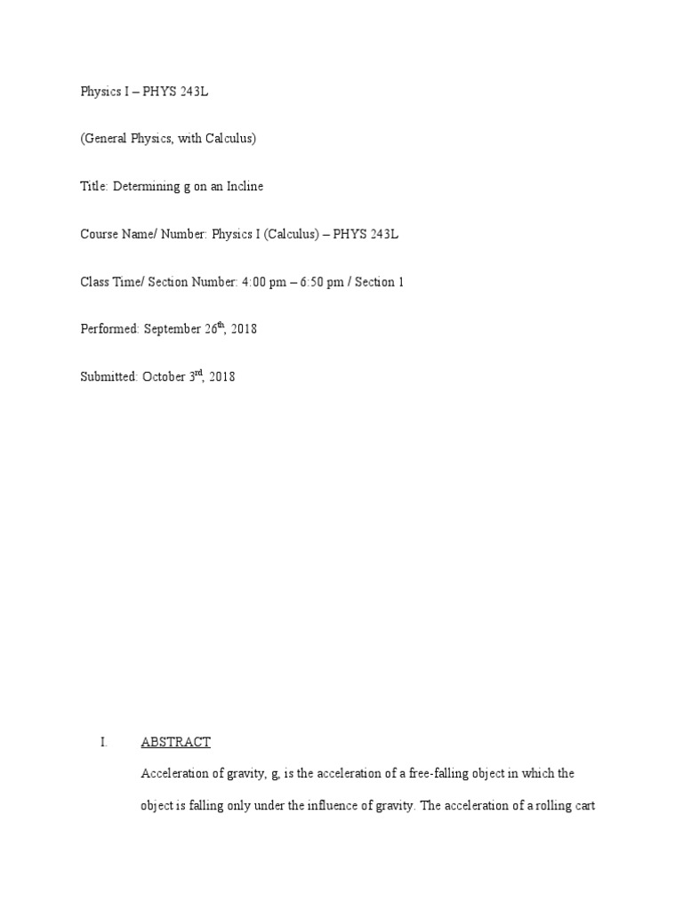Lab Report Determining G On An Incline Pdf Acceleration Velocity