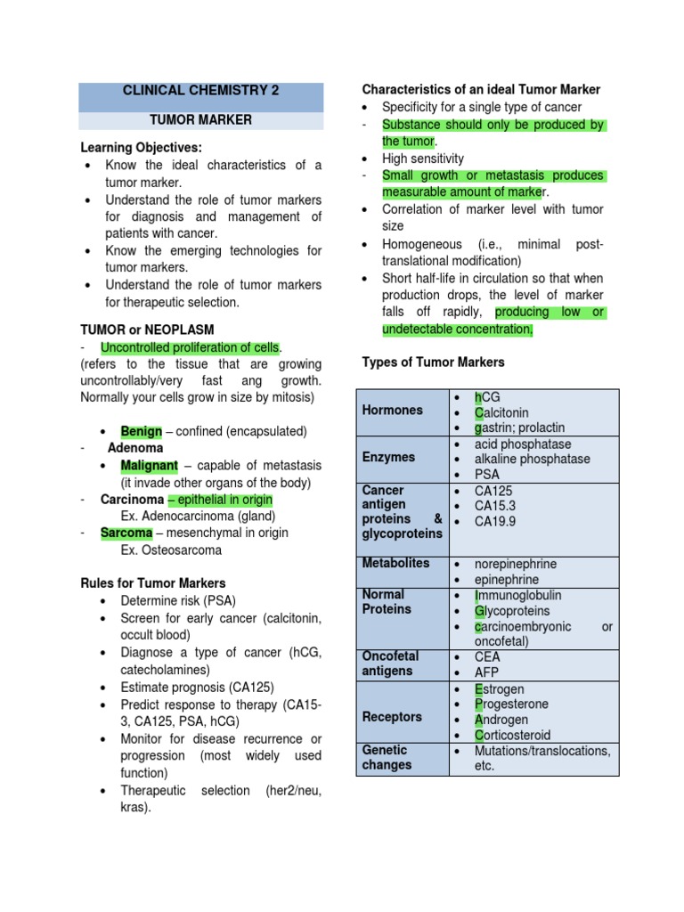 CLINICAL CHEMISTRY 2 Tumor Markers | PDF | Cancer | Metastasis