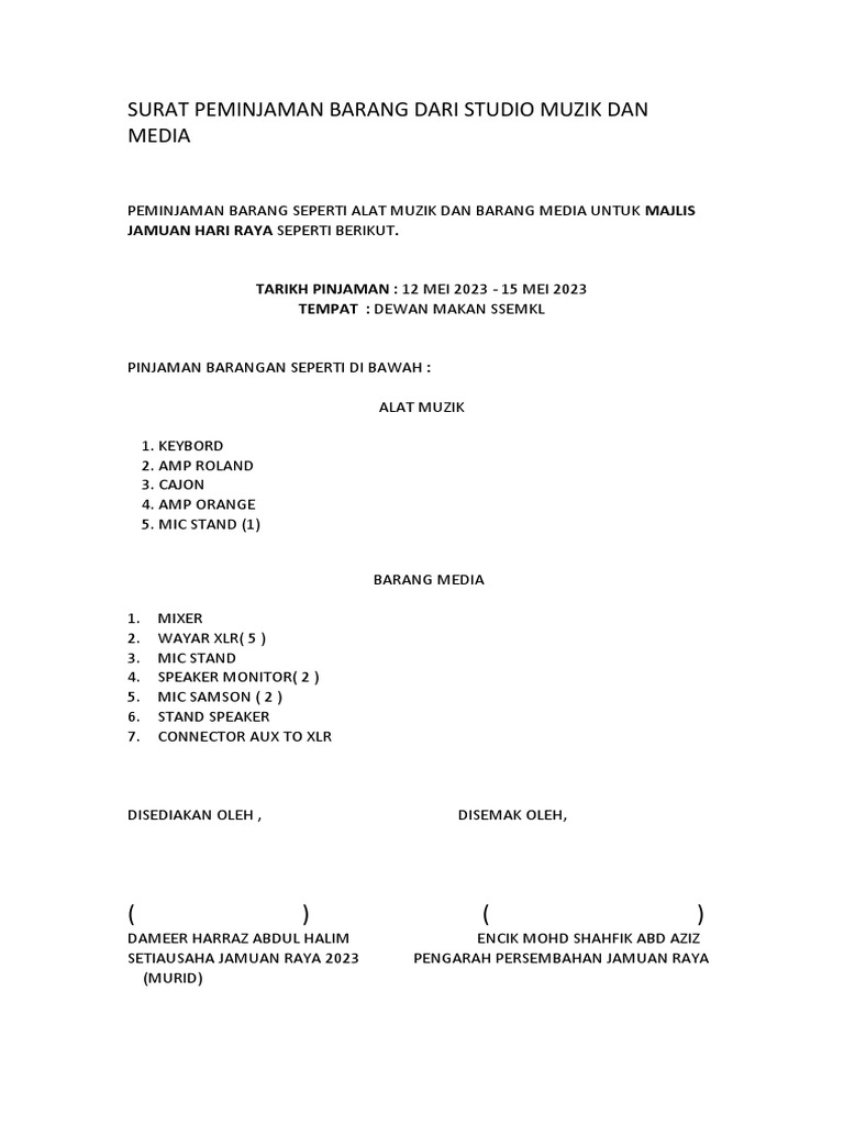 Surat Peminjaman Alat Muzik Sekolah | PDF | Perjalanan | Sains & Matematika