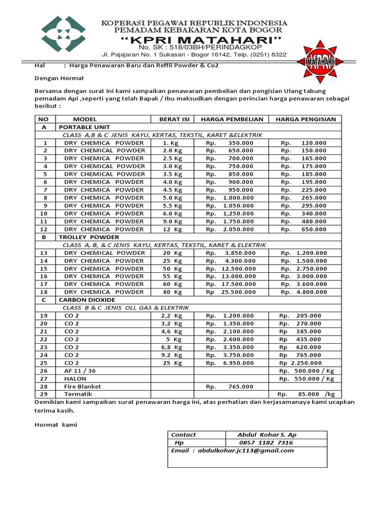 Daftar Harga Terbaru APAR | PDF