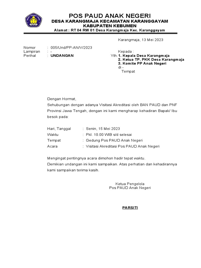Undangan Visitasi POS PAUD ANAK NEGERI | PDF