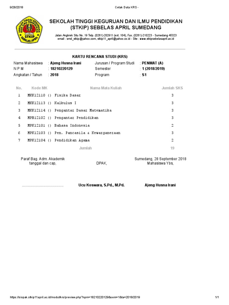 Cetak Data KRS - Contoh PDF | PDF