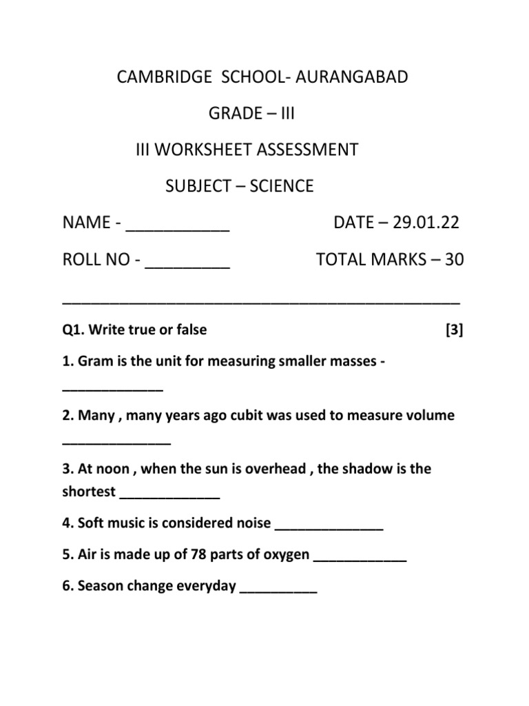 Cambridge School Grade 3 Science Paper 3RD Worksheet | PDF | Metrology ...