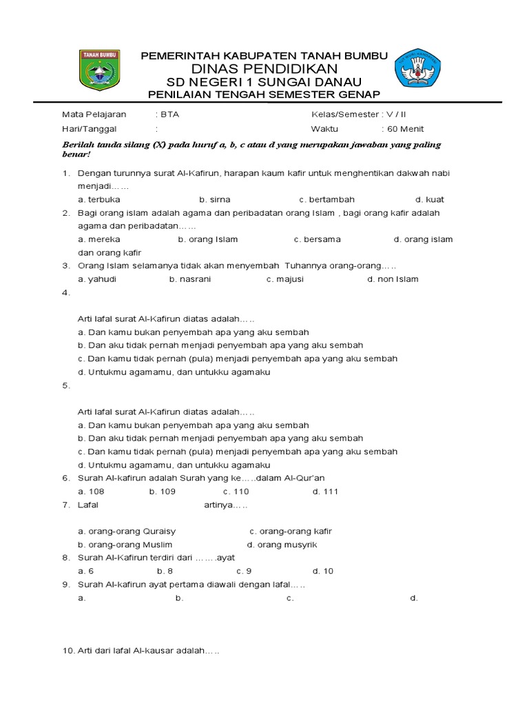 Soal PTS Bta Sem 2 KLS 5 | PDF
