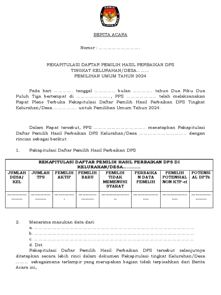 Form BA Kel - Desa Perbaikan DPS | PDF