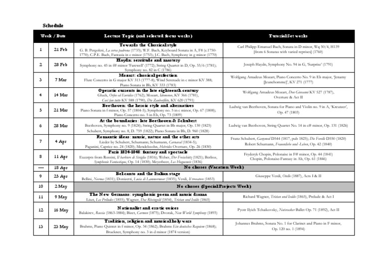 Classical Music Lecture Schedule | PDF | Wolfgang Amadeus Mozart | Opus ...
