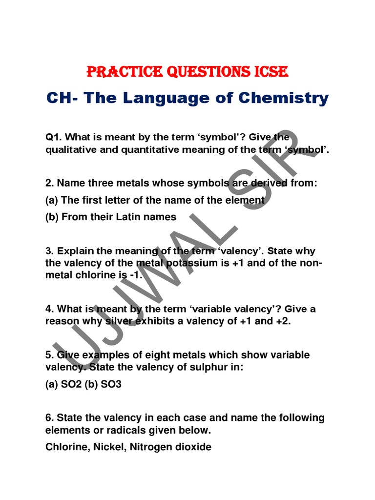 Practic Question CH - The Language of Chemistry ICSE Class 9 | PDF