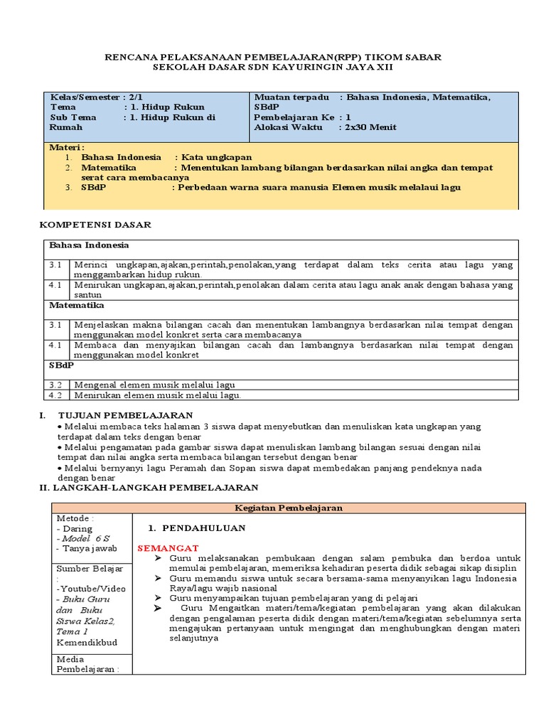 RPP Tikom Sabar Kls 2 Tema 1 Subtema 1 | PDF