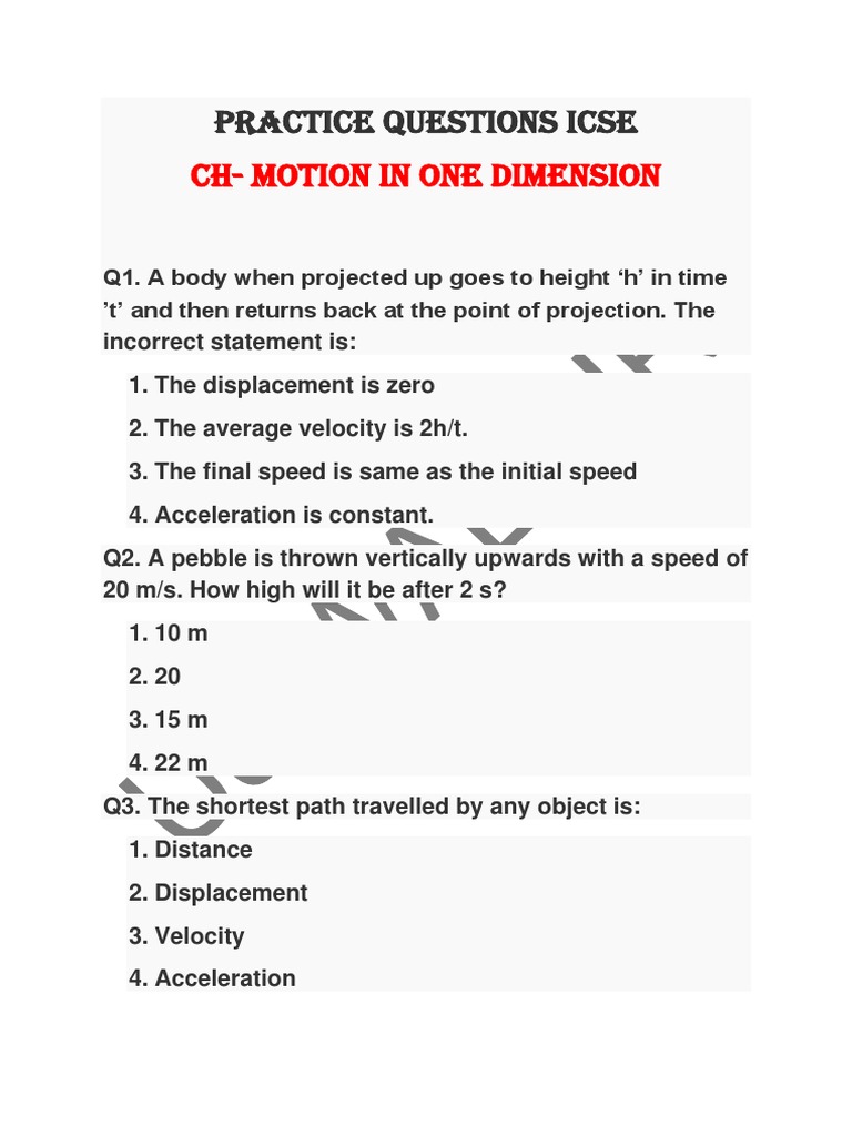 Practic Question CH - Motion in 1D ICSE Class 9 PDF | PDF