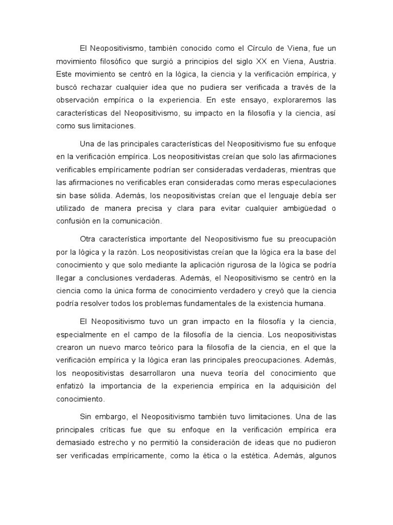 El Neopositivismo Ensayo Corto Ejemplo | PDF | Empirismo | Conocimiento
