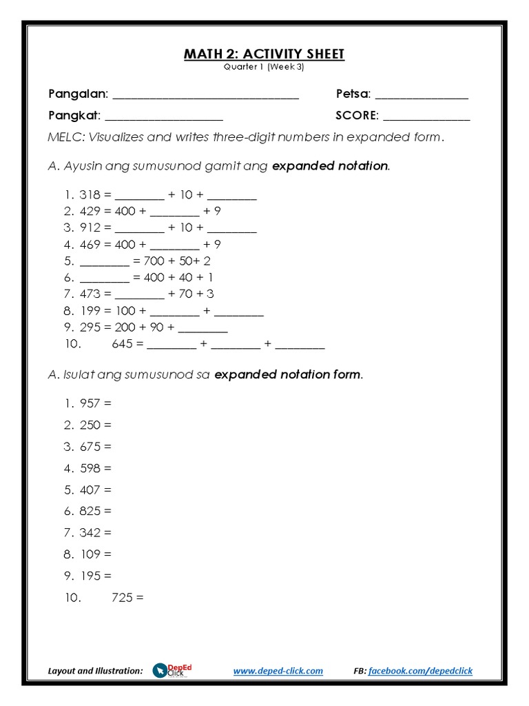Grade 2 Math Activity Sheets Q1 Week 3 | PDF