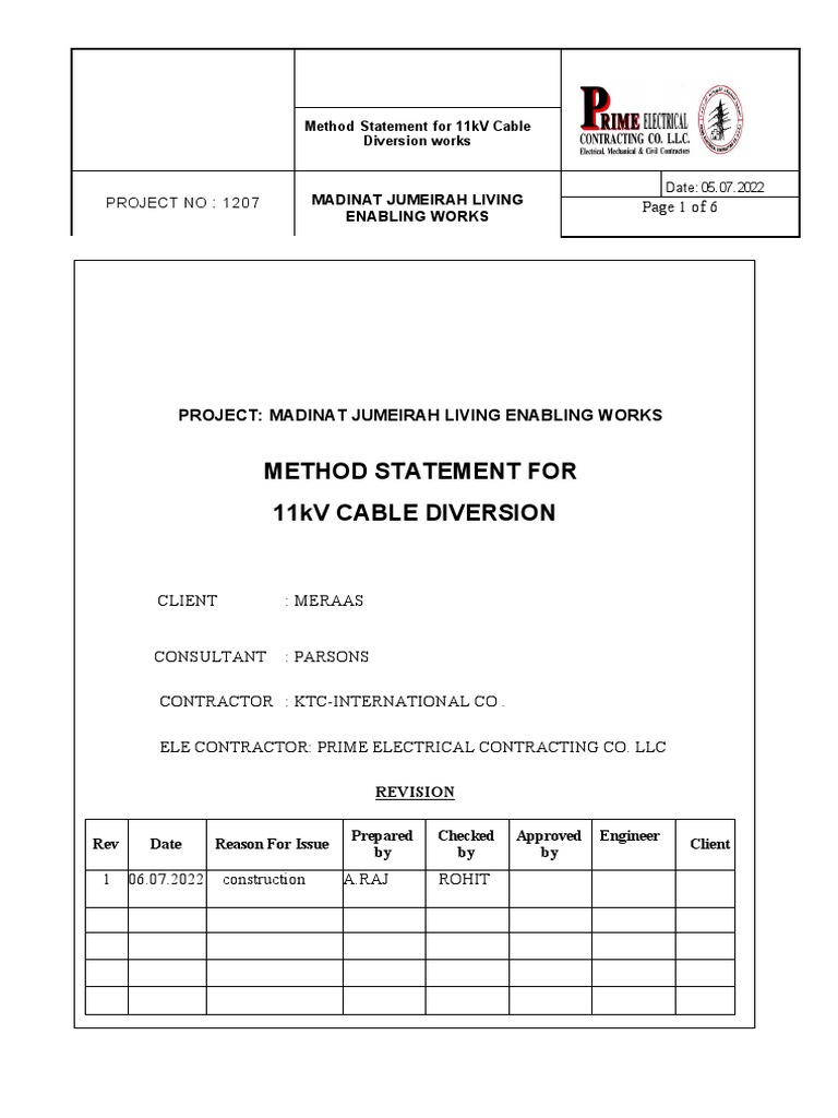 11kV Cable Diversion Method Statement | PDF | Trench | Risk Assessment
