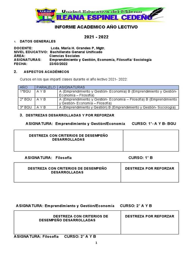 Formato de Informe Pedagógico Final para Docentes A Coordinadores de ...