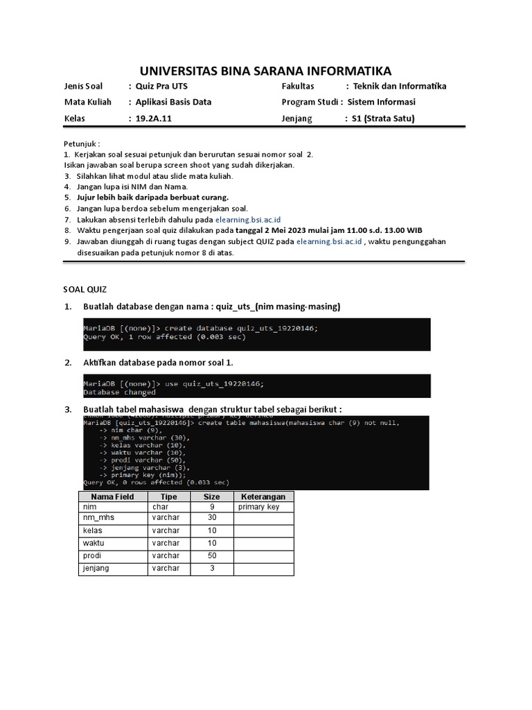 Quiz Pra UTS Aplikasi Basis Data BSI | PDF