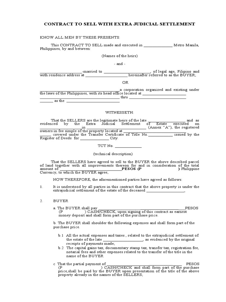 Contract To Sell With Extrajudicial Settlement Paid by Buyer | PDF ...