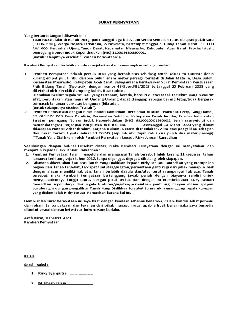 4a. Surat Pernyataan Bebas Sengketa Rusli - 43 | PDF