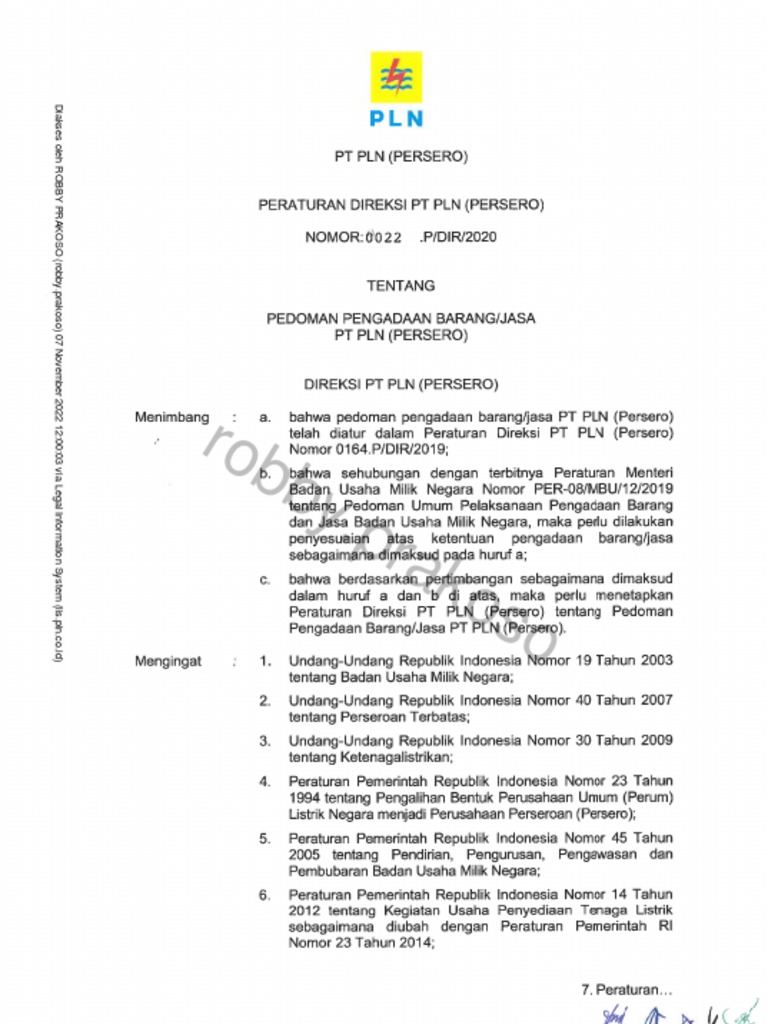 2020.03.02 Peraturan Direksi PT PLN (Persero) No 0022.P.DIR.2020 Tentang Peraturan Direksi ...