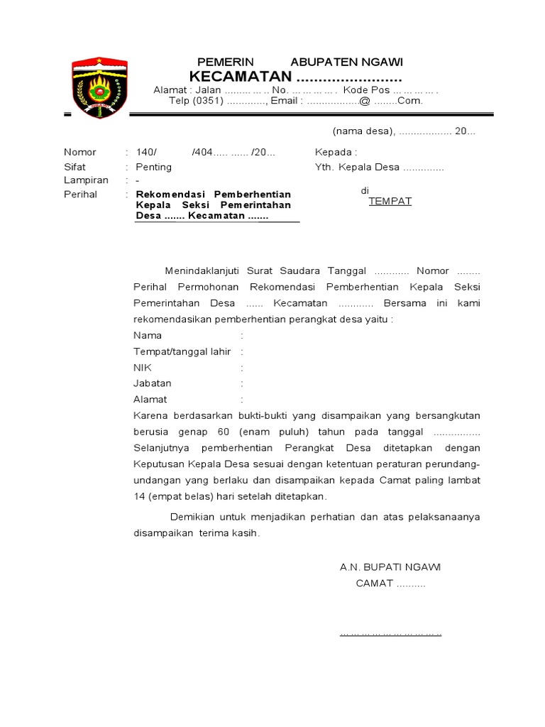 Contoh Rekomendasi Pemberhentian Perangkat Desa | PDF Contoh Rekomendasi Pemberhentian Perangkat Desa | PDF