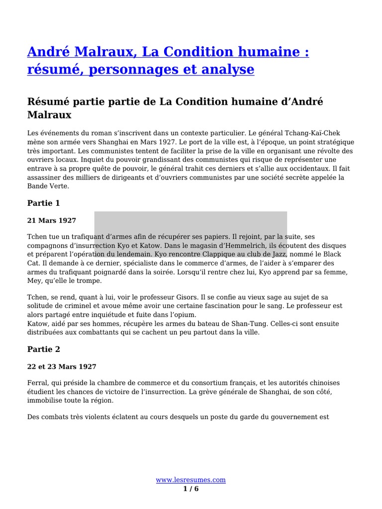 Résumé de "La Condition humaine" | PDF
