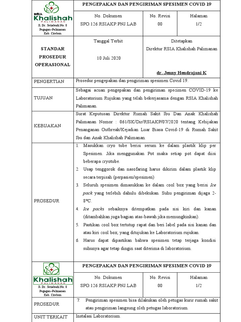 Spo - Lab.126.pengepakan Dan Pengiriman Spesimen Covid 19 | PDF