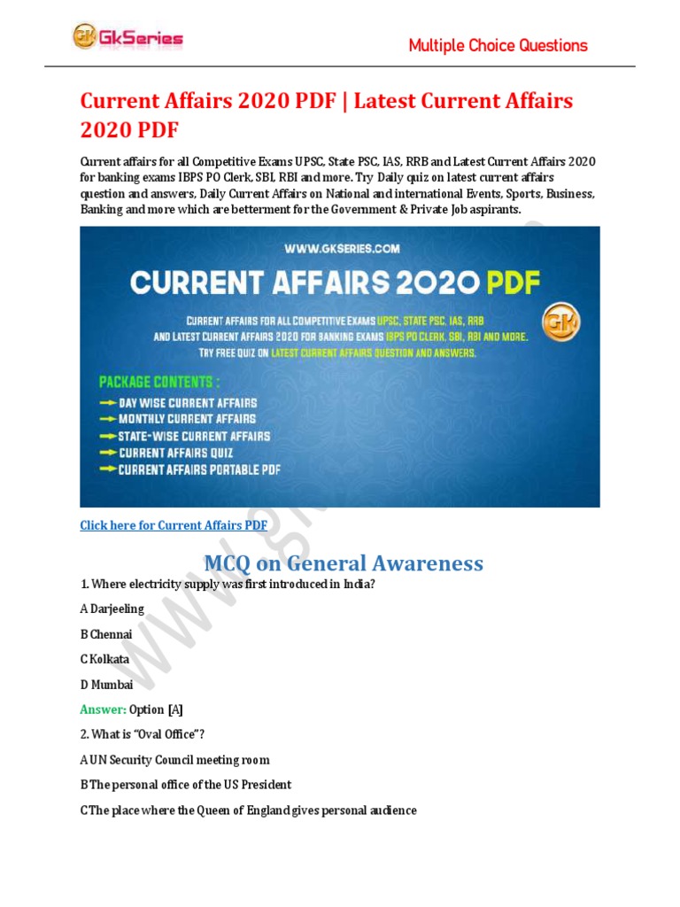 General Awareness Multiple Choice Questions and Answers PDF | PDF