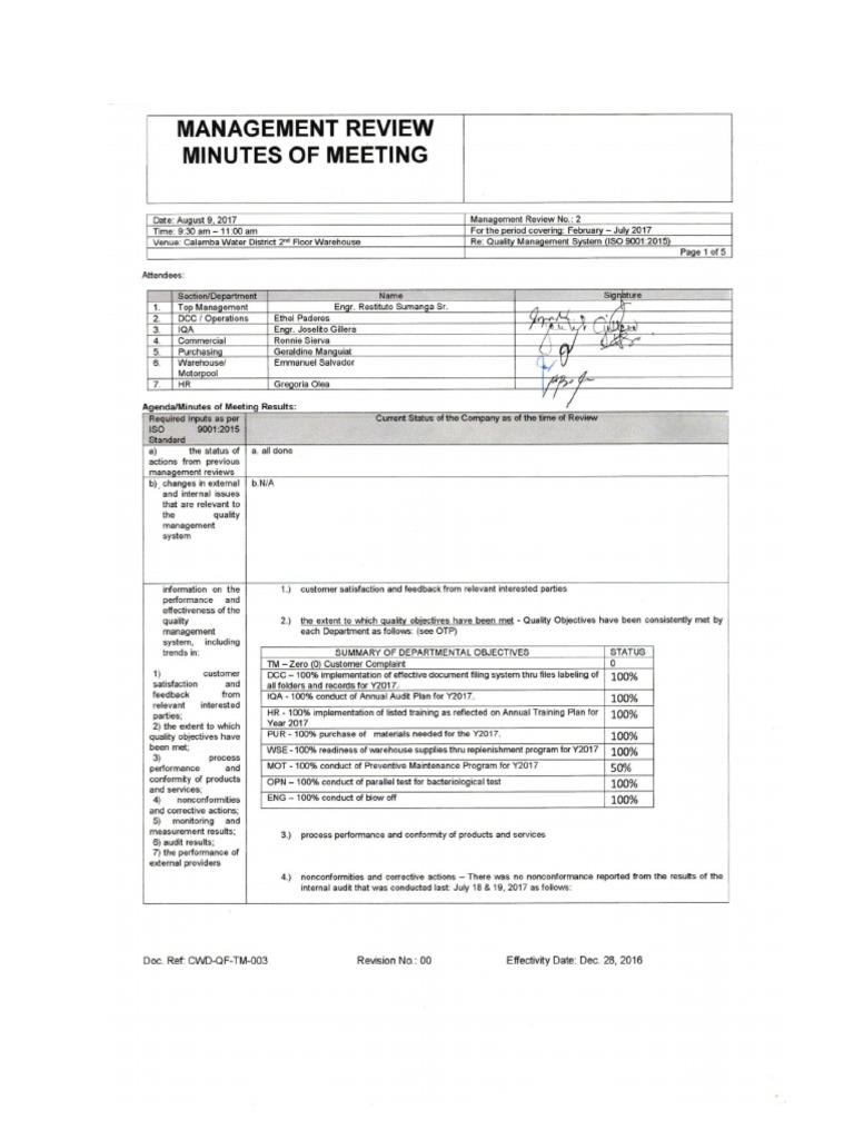 Management Review Minutes of Meeting | PDF