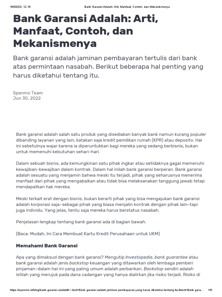 Bank Garansi Adalah - Arti, Manfaat, Contoh, Dan Mekanismenya PDF | PDF