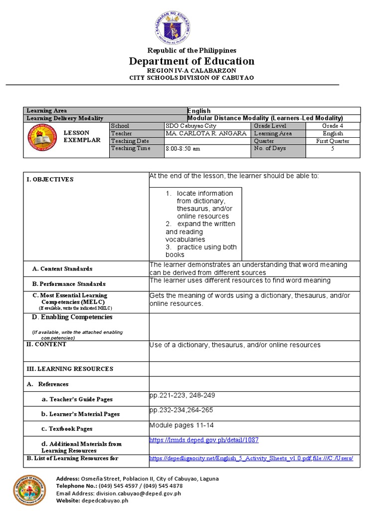 English 4 Le Q1-WK2 | PDF | Learning | English Language