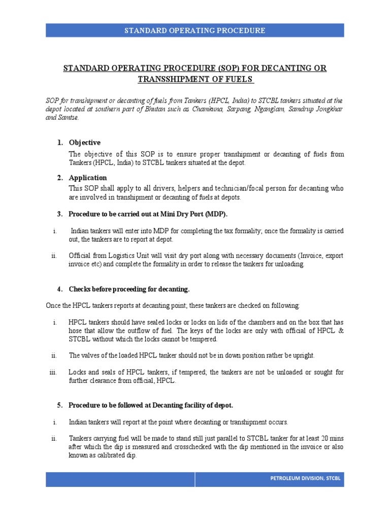 Standard Operating Procedure for the Transhipment and Decanting of ...