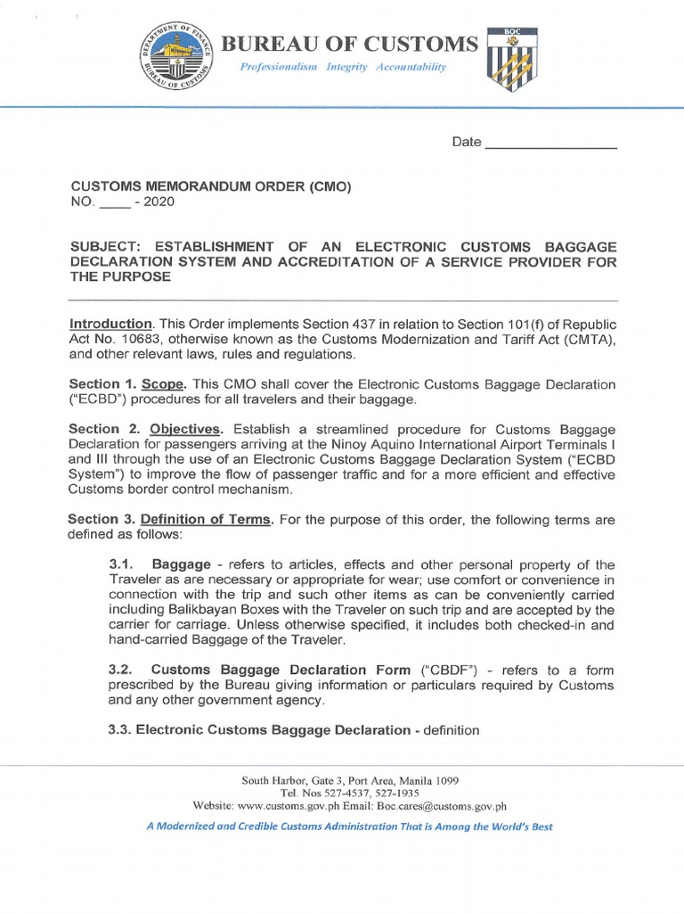 Draft CMO On Establishment of An Electronic Customs Baggage Declaration ...