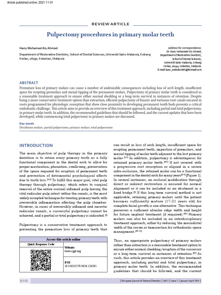 Pulpectomy Procedures in Primary Molar Teeth: Review Article | PDF ...