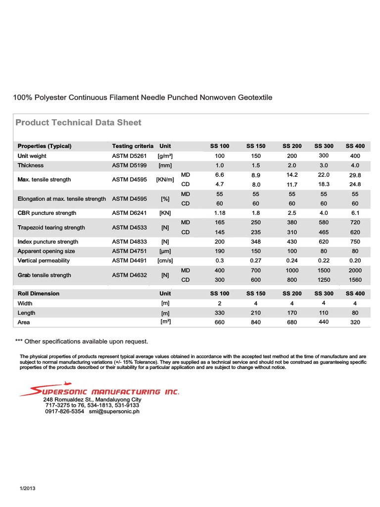 SS Polyester NonWoven Geotextile Tech Data Sheet 2013 | PDF | Building Materials | Applied And ...