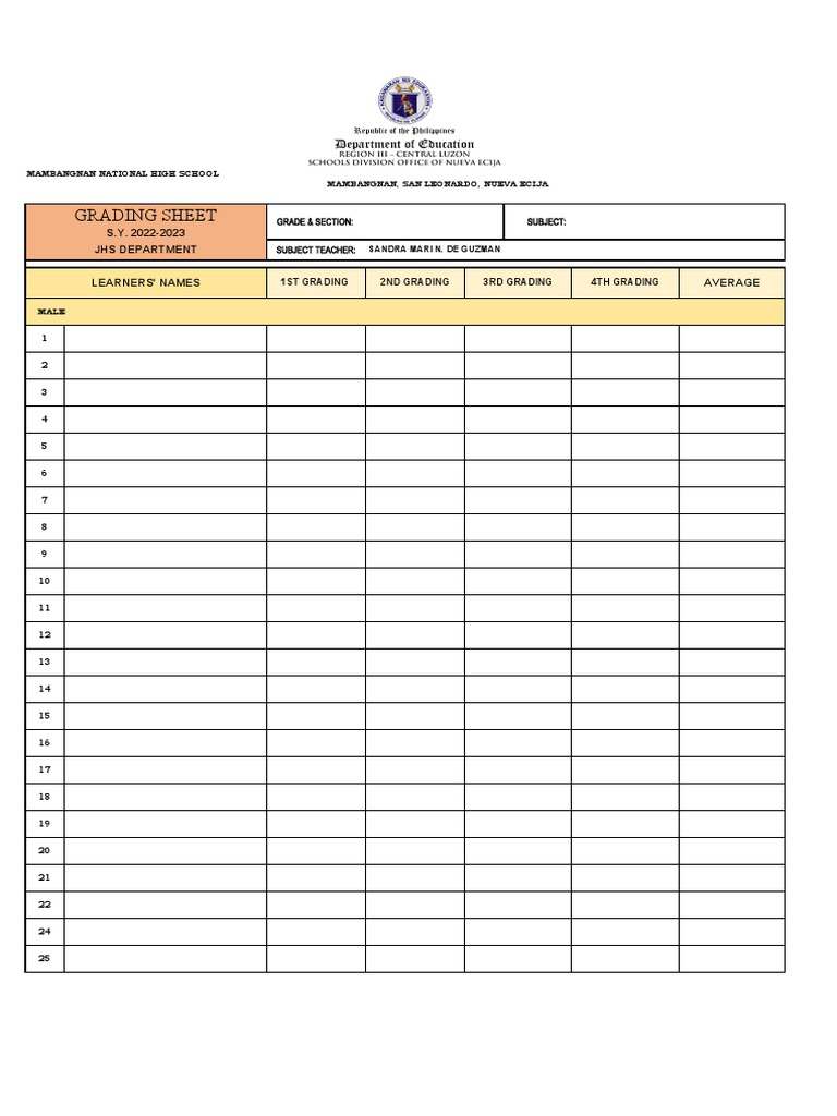JHS Grading Sheet S.Y. 2022-2023 | PDF