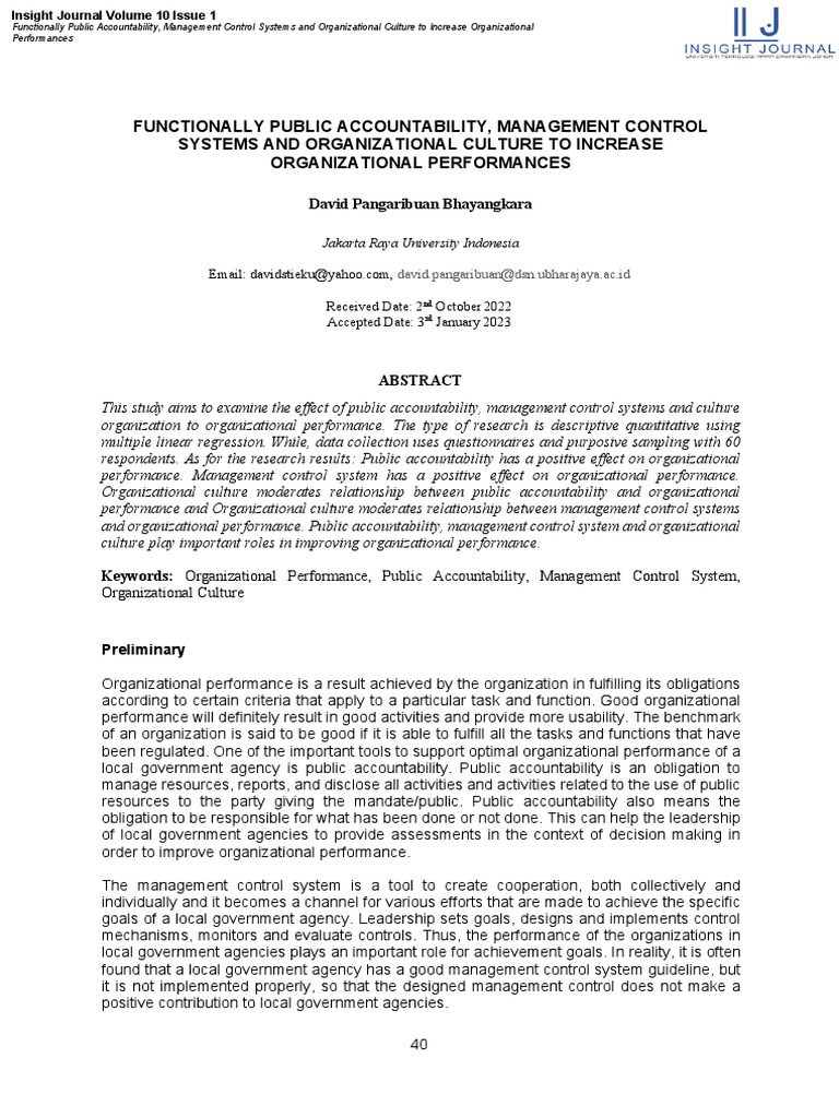 Pangaribuan (2023) Functionally Public Accountability, Management Control Systems ...