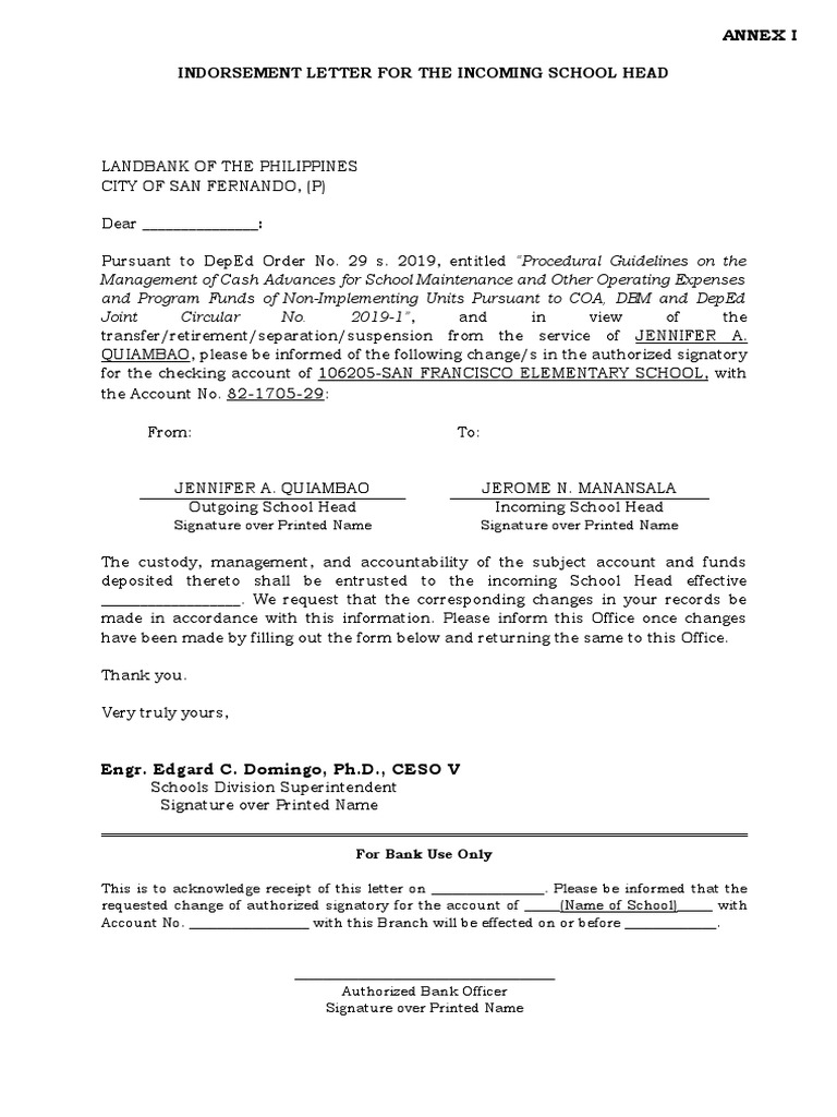 Annex I Indorsement Letter For The Incoming School Head 11 | PDF