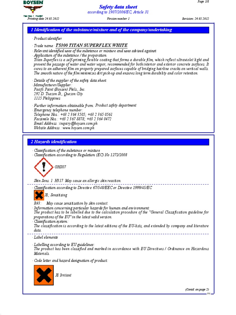 Safety Data Sheet for Titan Superflex White Paint | PDF | Dangerous ...
