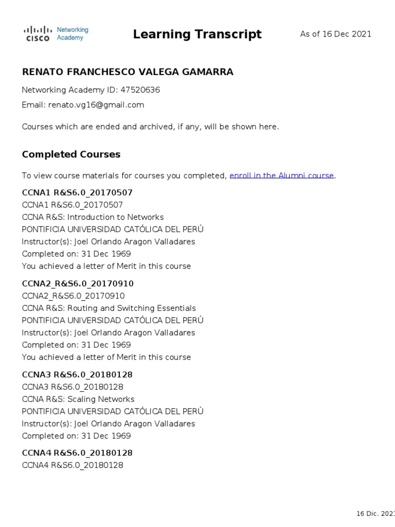 NetAcad Learning Transcript | PDF