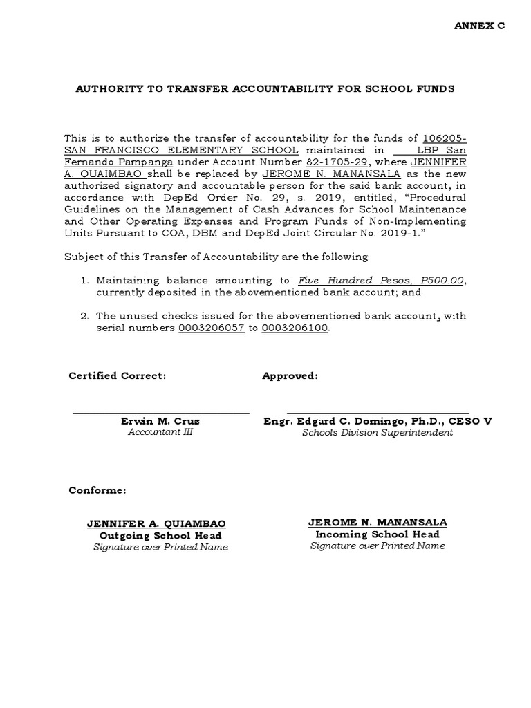Annex C Transfer of Accountability For School Funds 11 | PDF
