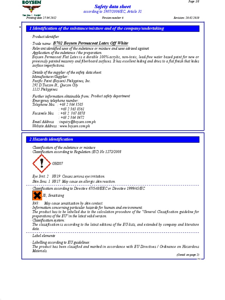 Boysen Permacoat Off White Paint Safety | PDF | Dangerous Goods | Toxicity