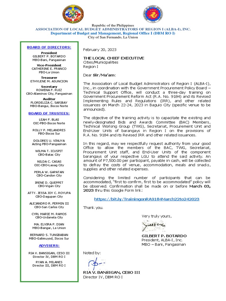 ALBA Inc. Letter To Mayors RA No. 9184 March 22 24 2023 PDF | PDF | Economies | Government Finances