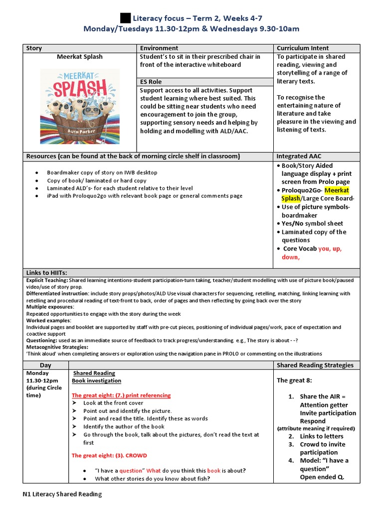 N1 Literacy Shared Reading Plan | PDF | Reading Comprehension | Writing
