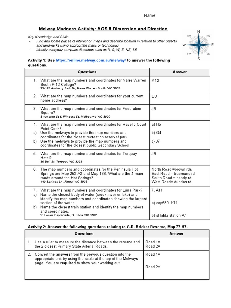 Melway Madness Activity - AOS 5 Dimension and Direction | Download Free ...