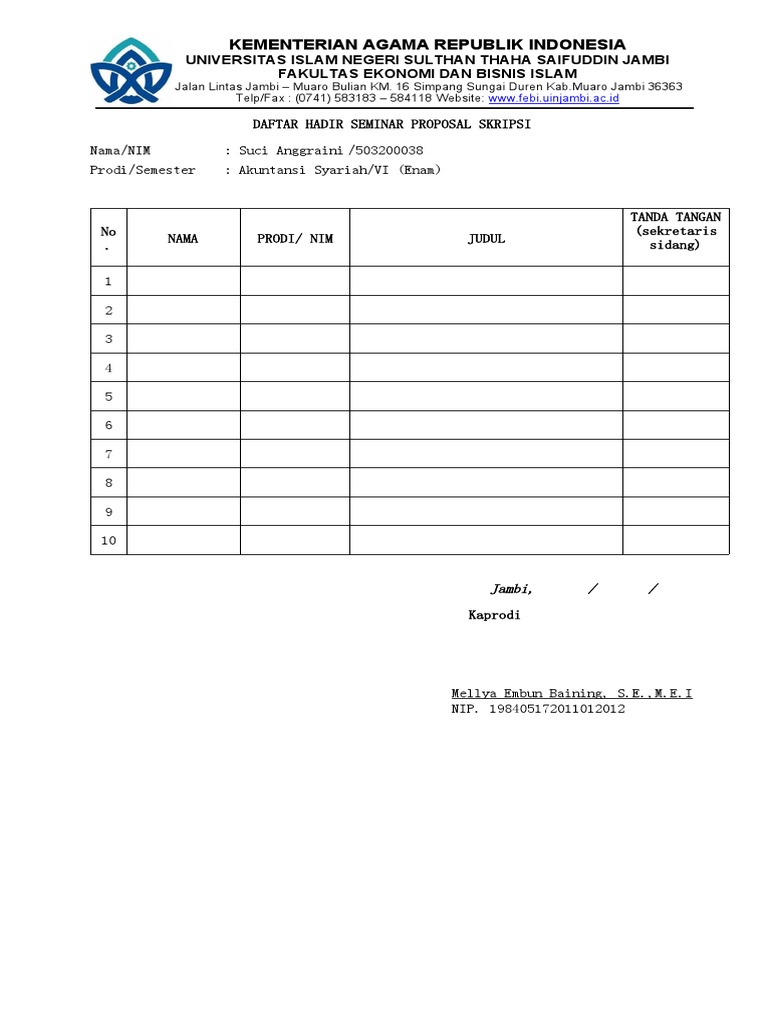 Daftar Hadir Sempro Suci Anggraini | PDF