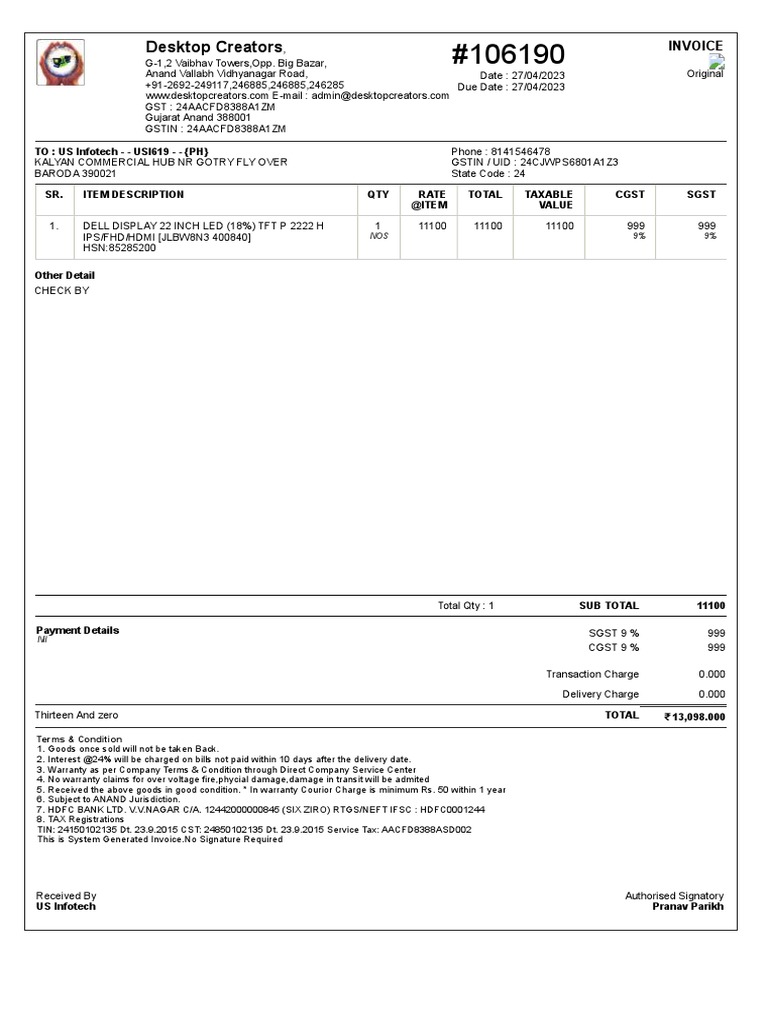 Invoice DELL LED | PDF | Taxes | Payments