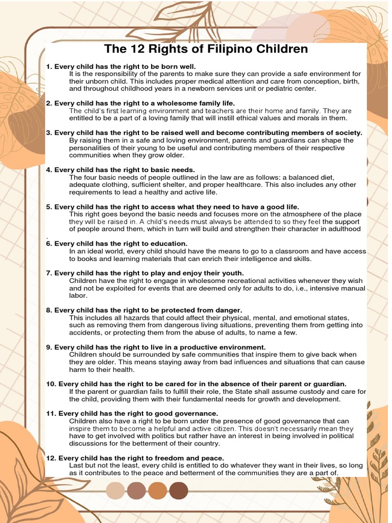 The 12 Rights of Filipino Children | PDF | Legal Guardian | Child Custody