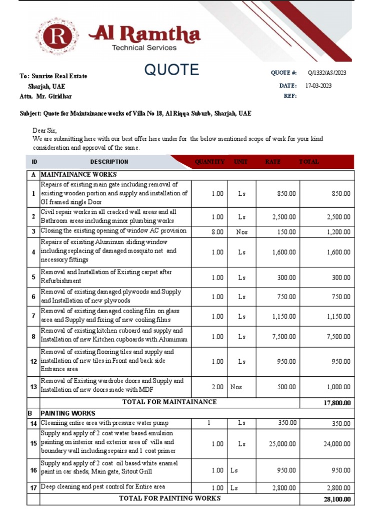 Quotation For Villa Maintainance at Al Riqqa | PDF | Air Conditioning